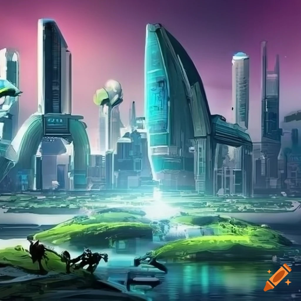 Futuristic eco-friendly green planet with a sci-fi city in digital art ...