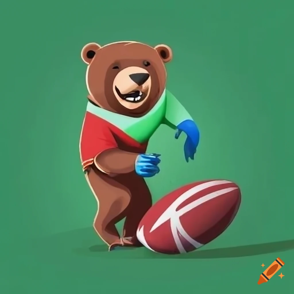 Bear playing rugby in a green and red field on Craiyon