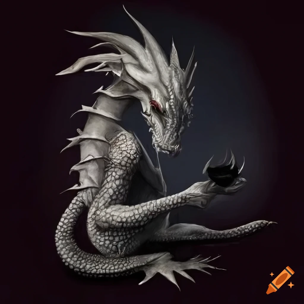 White dragon holding a black rose with thorns on Craiyon