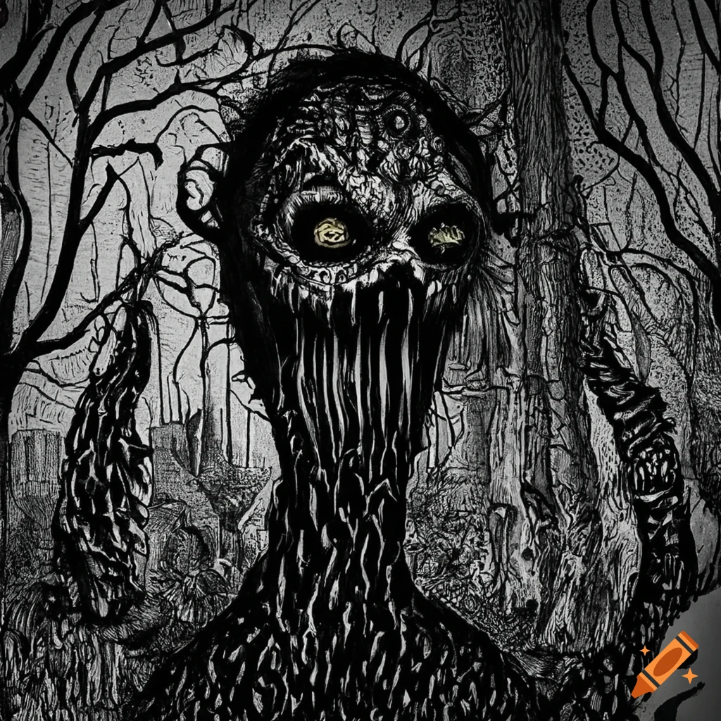 Black ink drawings of strange monsters in the style of John Kenn ...