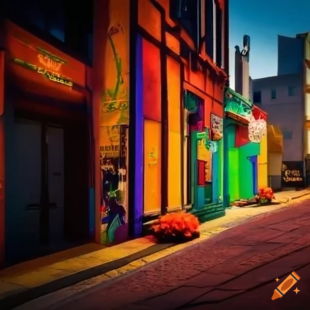 Colorful street with peace signs and flower power on Craiyon
