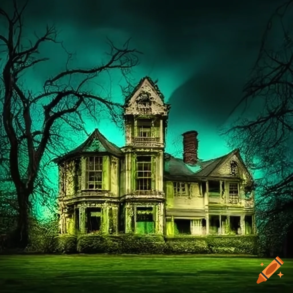 Moss green haunted mansion with lights in windows on Craiyon