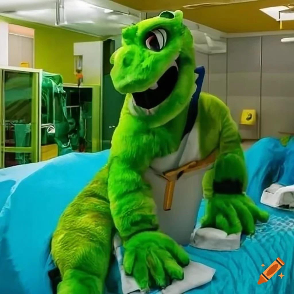 Close up of 3 nurses in green lizard reptile fursuit mascot costumes at ...