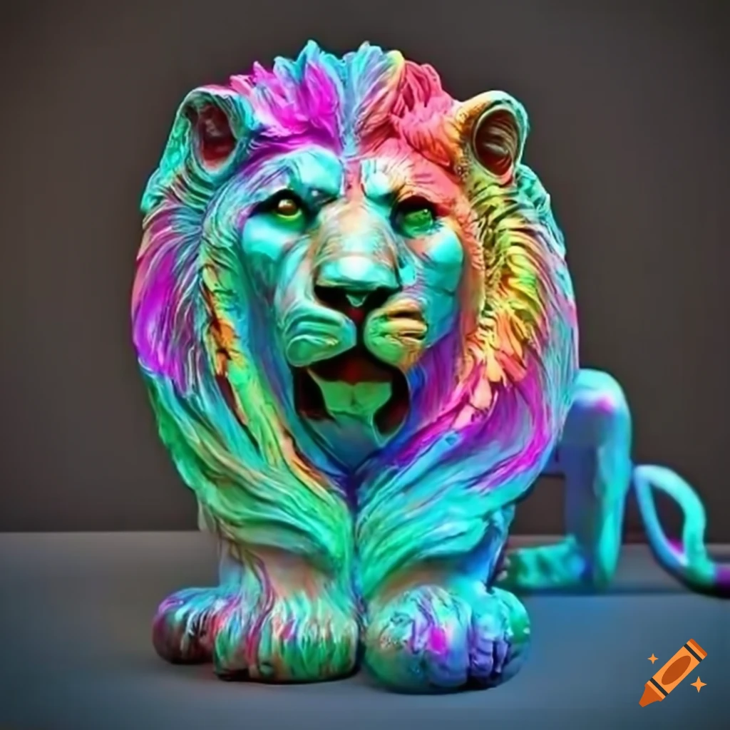 Colorful lion sculpture with kinetoscopic data design on Craiyon