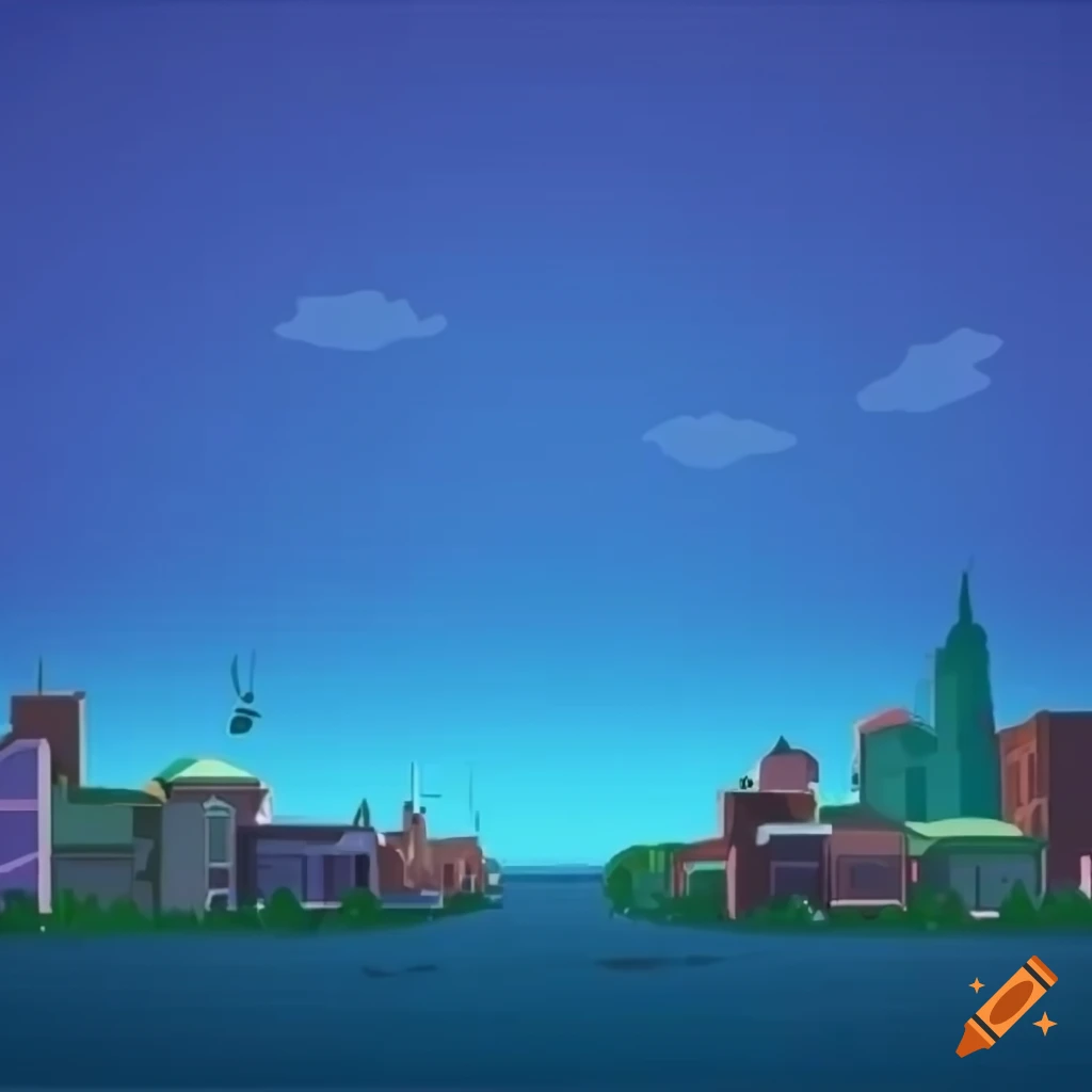 Cartoon side view of a small city under clear blue skies on Craiyon