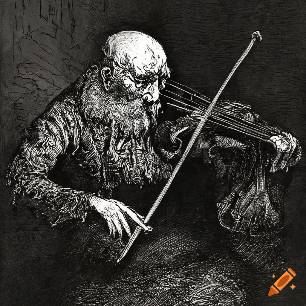Elderly man playing violin in an ink drawing by Gustave Dore on Craiyon