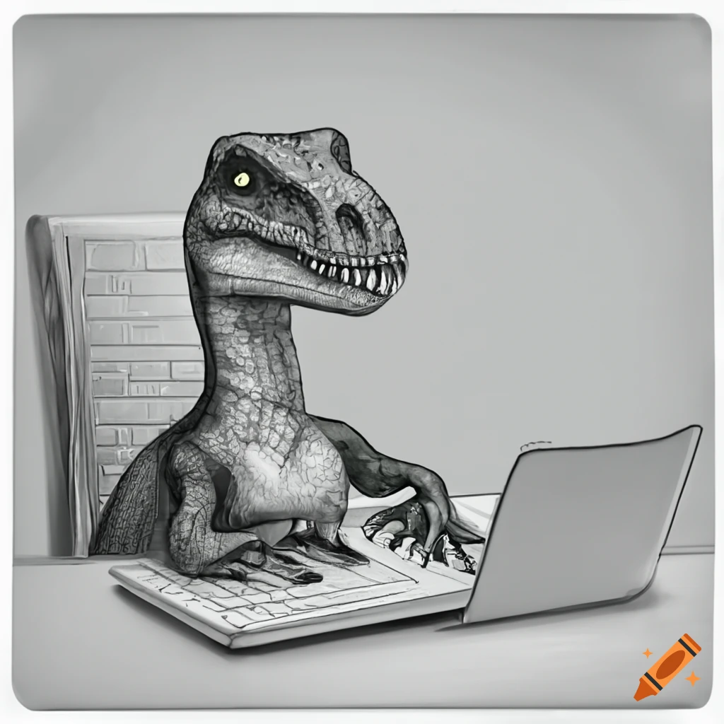 Dinosaur typing on a computer in office attire on Craiyon