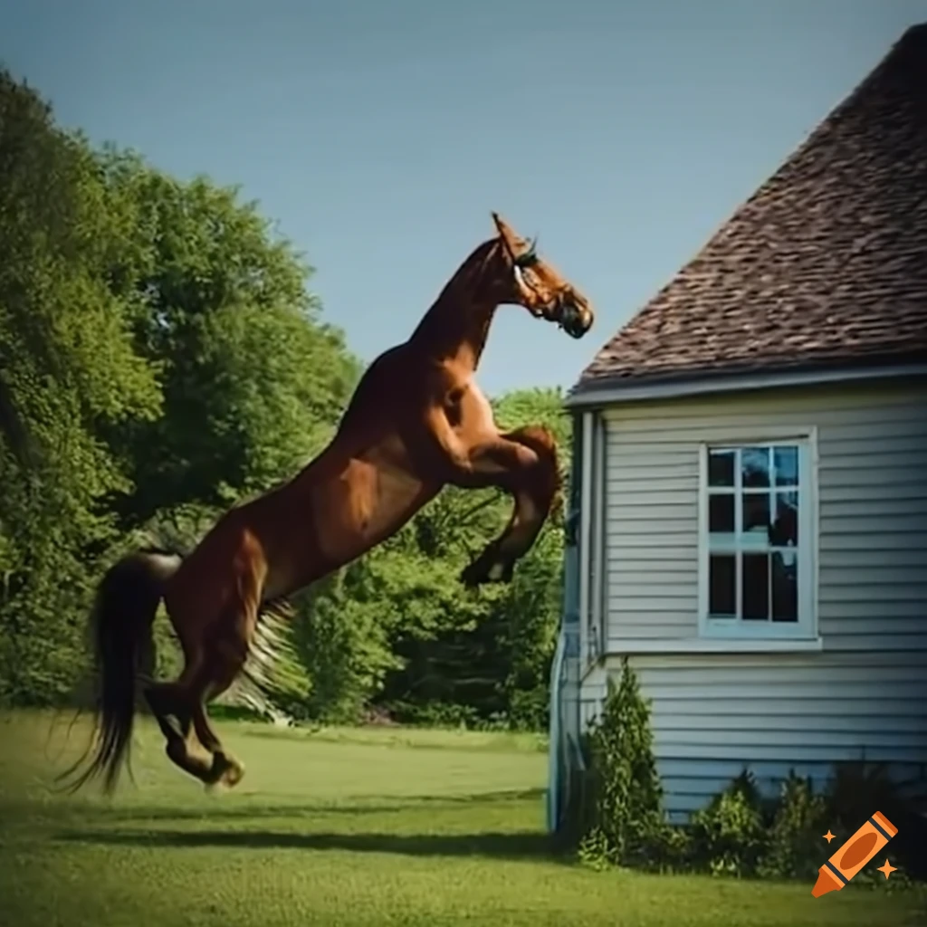 Horse jumping over a house on Craiyon