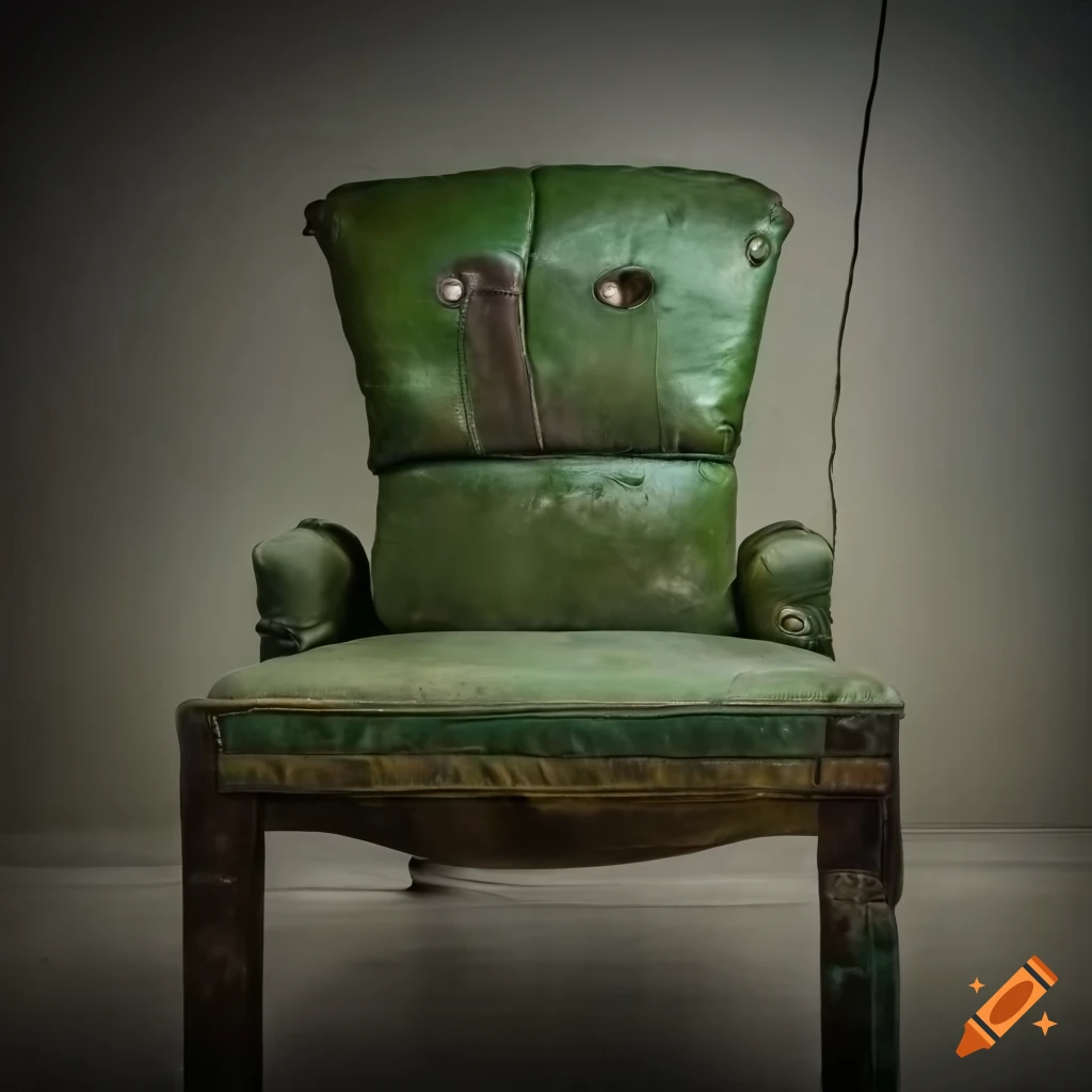 Worn green leather chair with spilling stuffing under soft lighting on ...