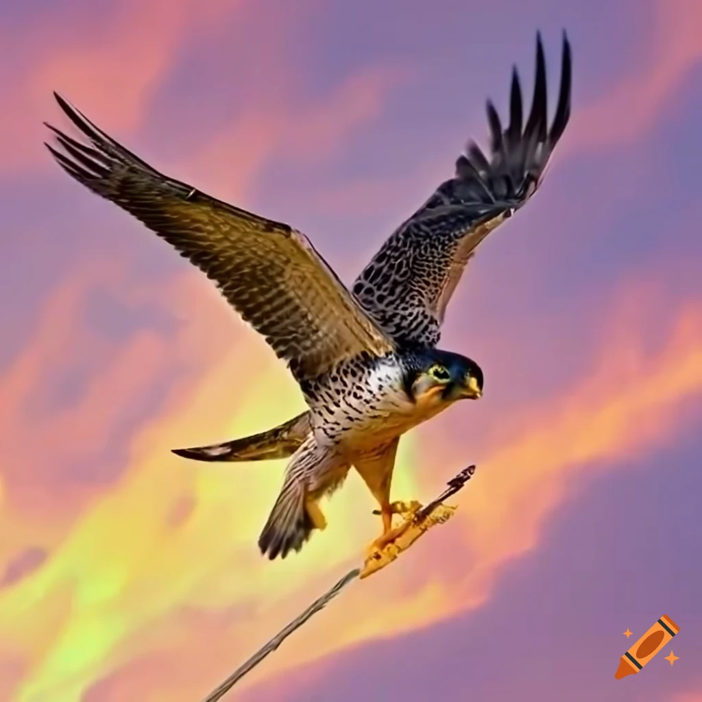 Peregrine falcon in flight with arrow in talons on Craiyon