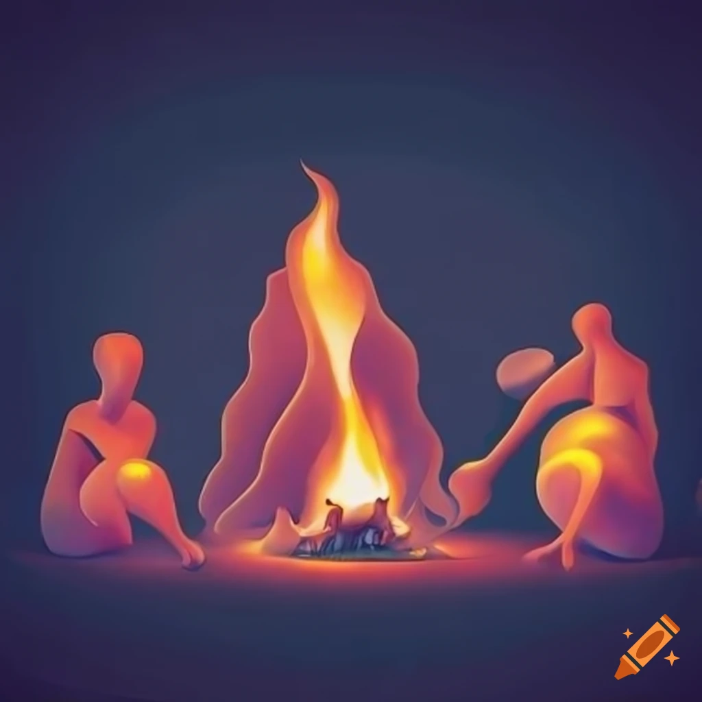 Stylized figures drinking around a fire on Craiyon