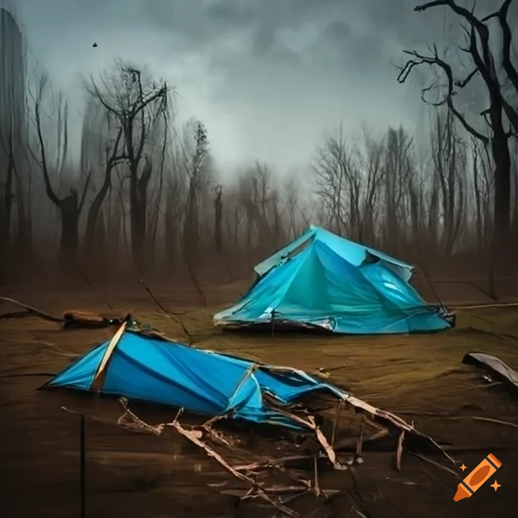 Tent still standing among broken tents after a windstorm on Craiyon