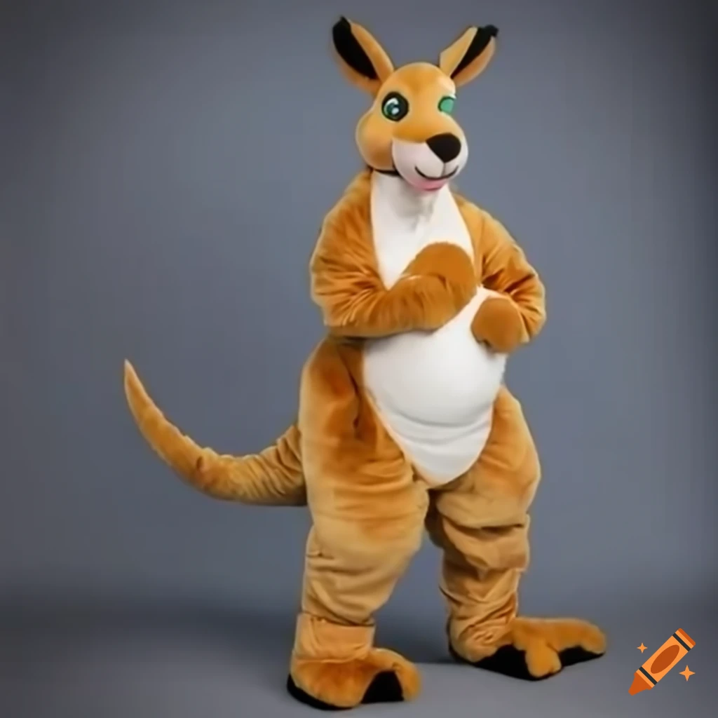 Male employee wearing a cartoony fat kangaroo mascot costume on Craiyon