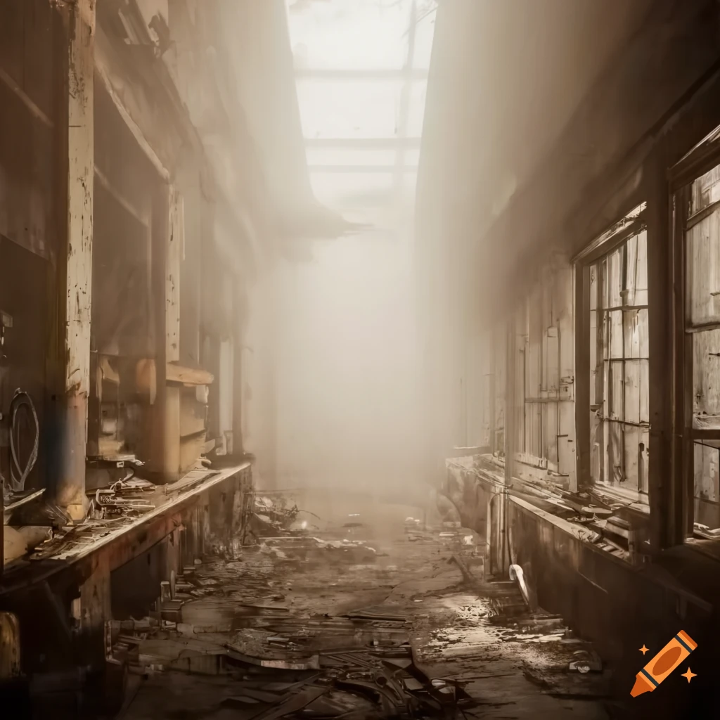 Interior of a bright and foggy abandoned factory with old machines on ...