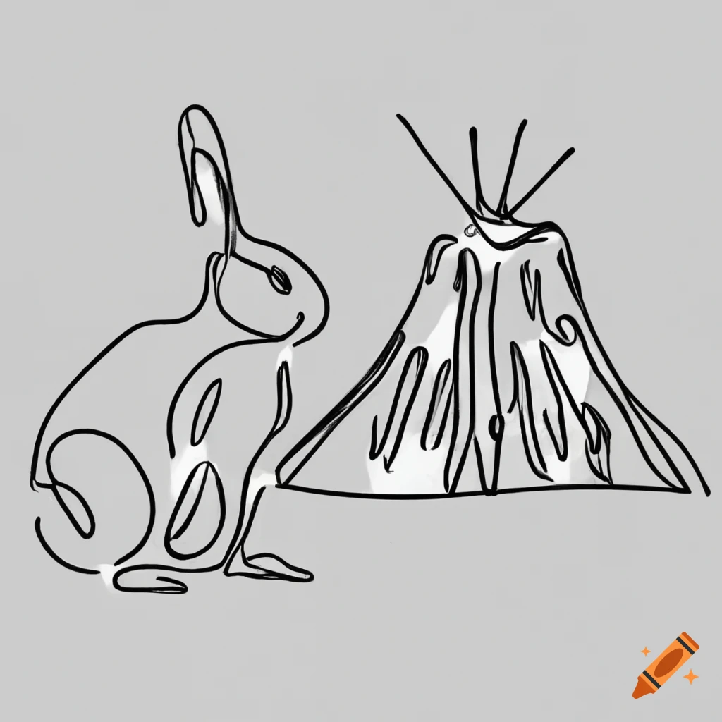 Continuous line drawing of a bunny and a volcano shape on Craiyon
