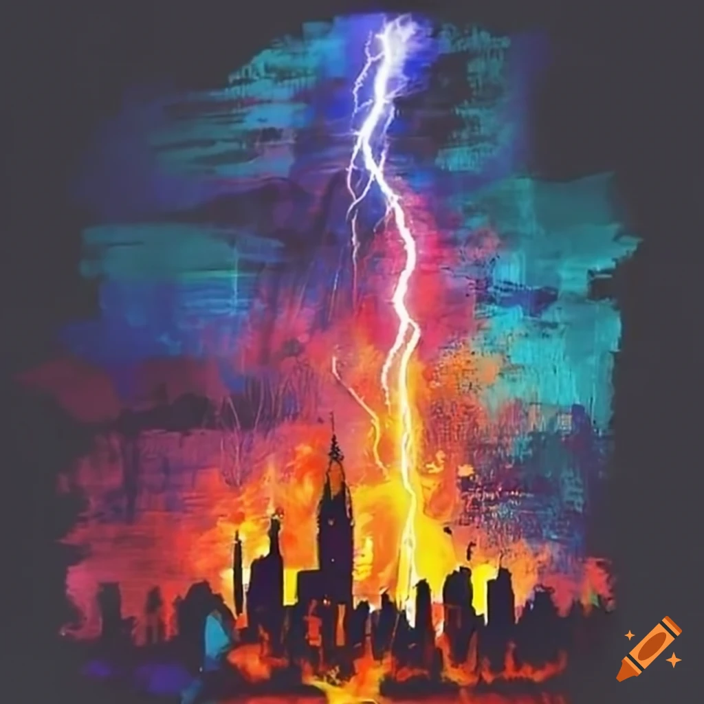 City on fire with intense lightning from the sky on Craiyon