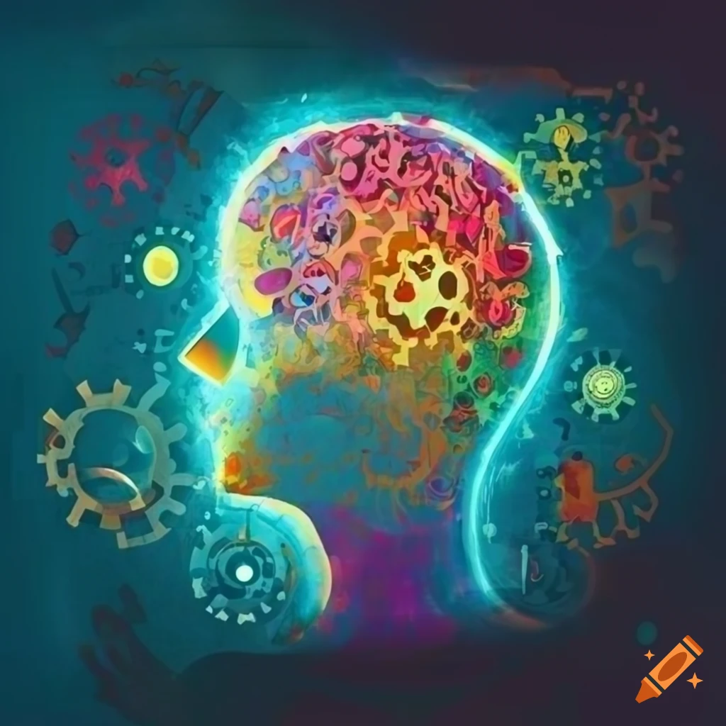 Illustrated collage of knowledge and intelligence symbols with vibrant ...