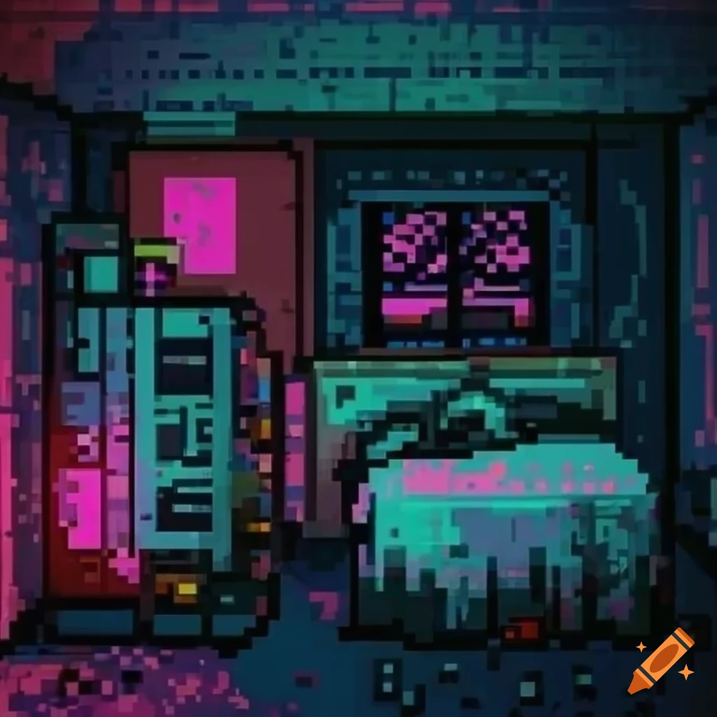 Grunge cyberpunk pixel art of a bedroom on Craiyon