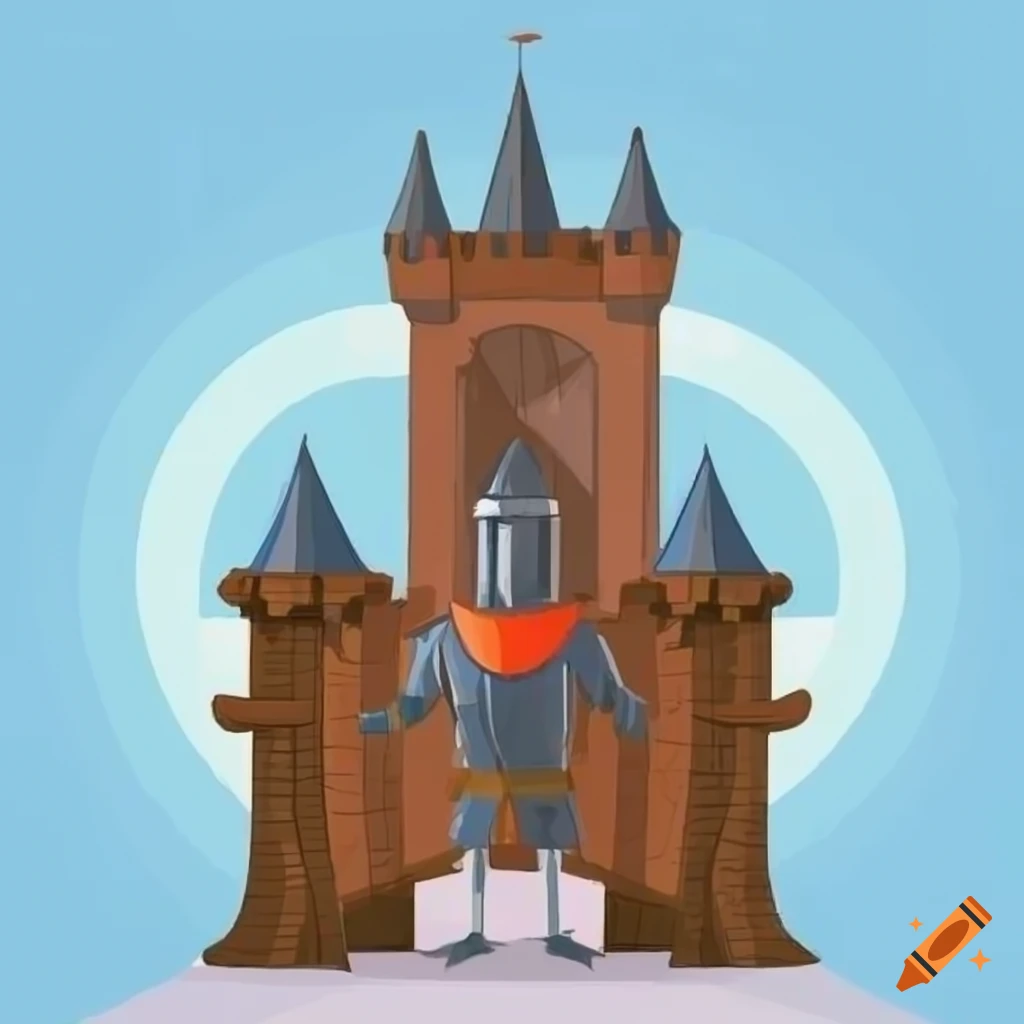 Guard knight in front of medieval castle wood gate in cartoon style on ...