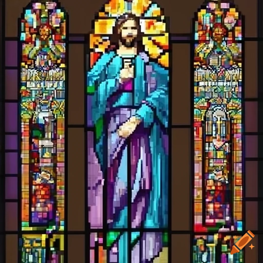 Stained glass jesus window and wall in pixel art style on Craiyon