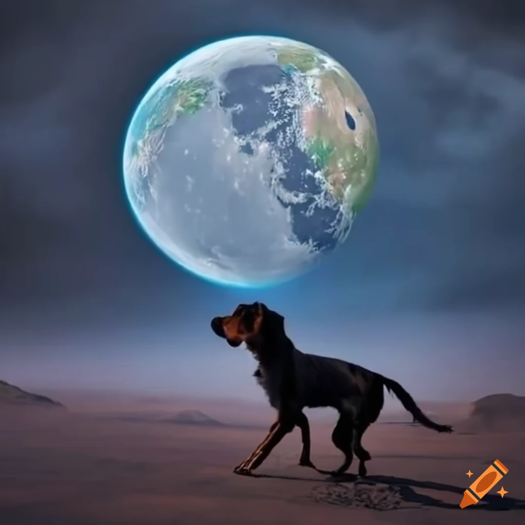 Dog walking on the moon with planet earth in the background on Craiyon