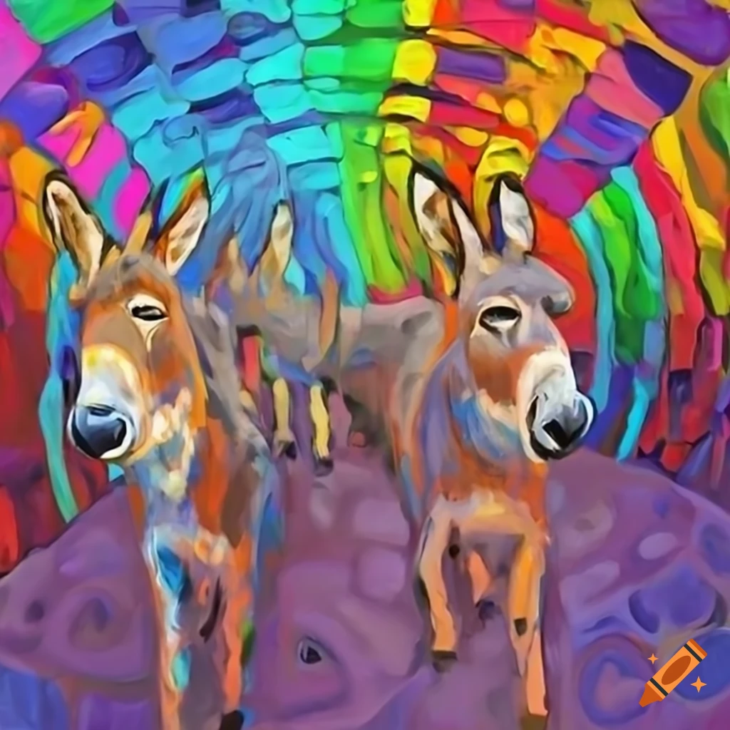 Abstract painting of donkeys walking through a colorful tunnel on Craiyon