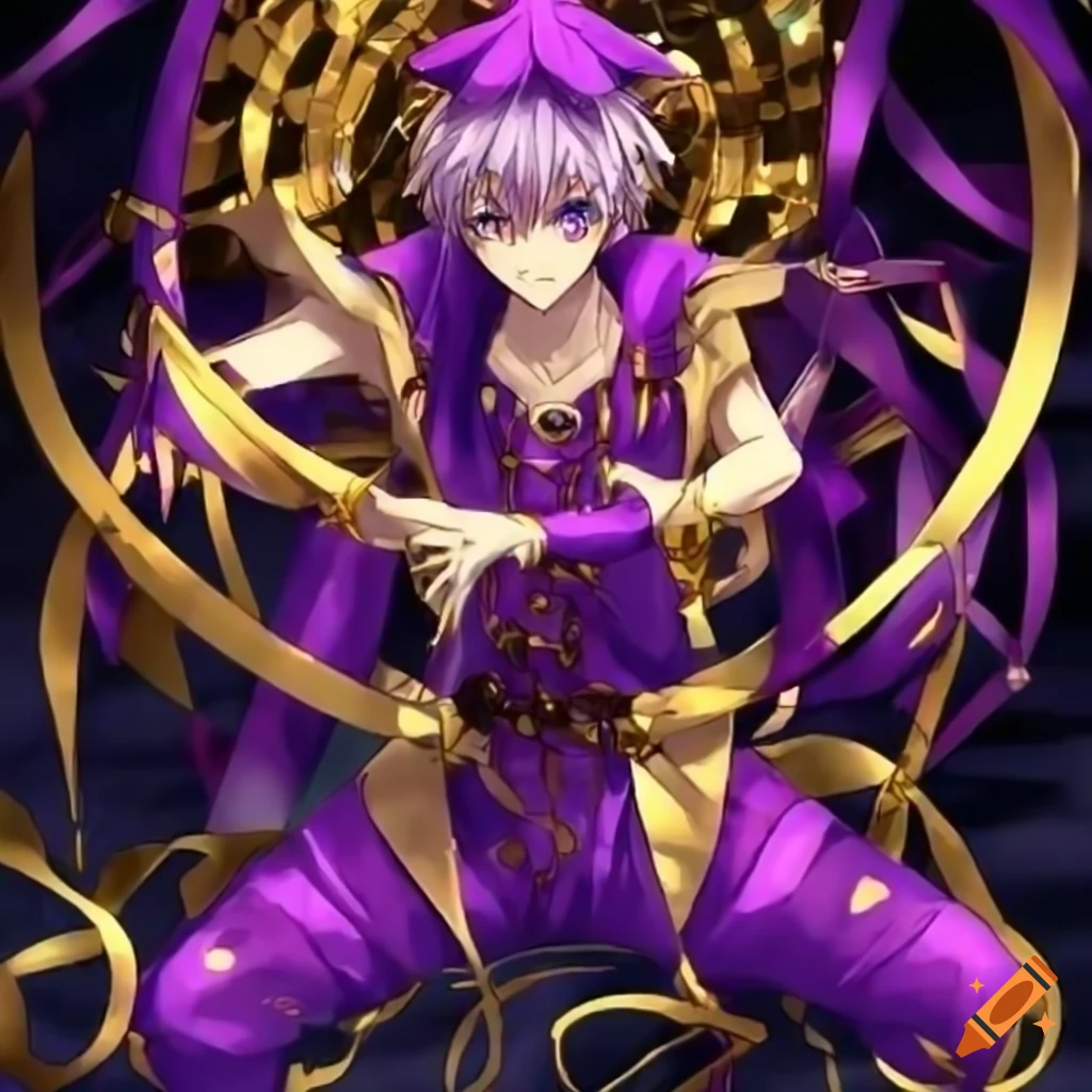 Anime character wearing purple and gold jester clothes with ribbons and ...