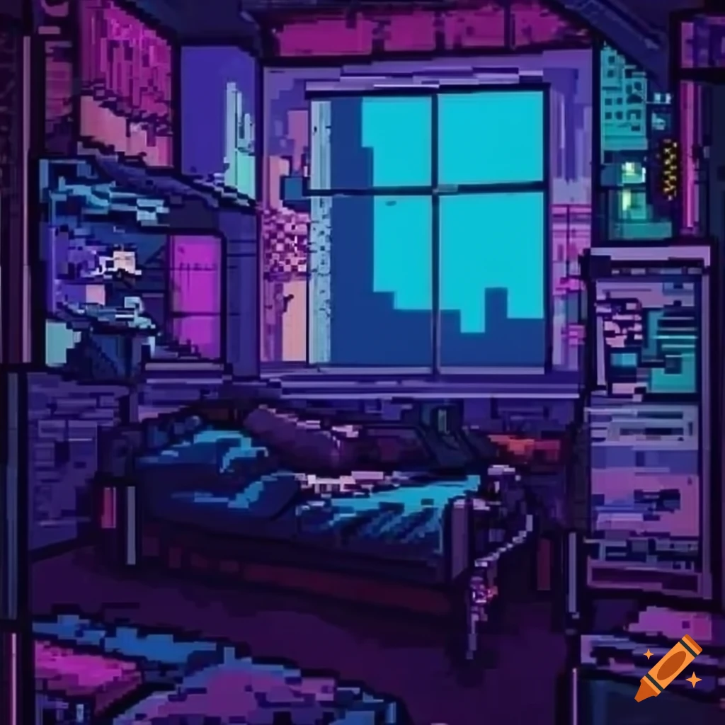 Grunge cyberpunk pixel art of a bedroom on Craiyon