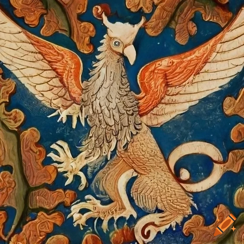 Majestic griffin surrounded by oak branches in medieval enluminure style on Craiyon