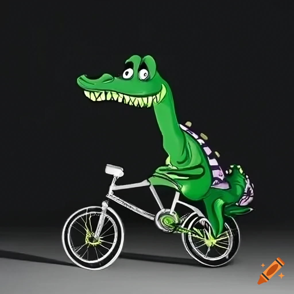 Cartoon alligator riding a BMX bicycle on Craiyon