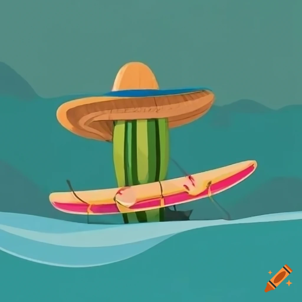 Cactus wearing a sombrero surfing on Craiyon
