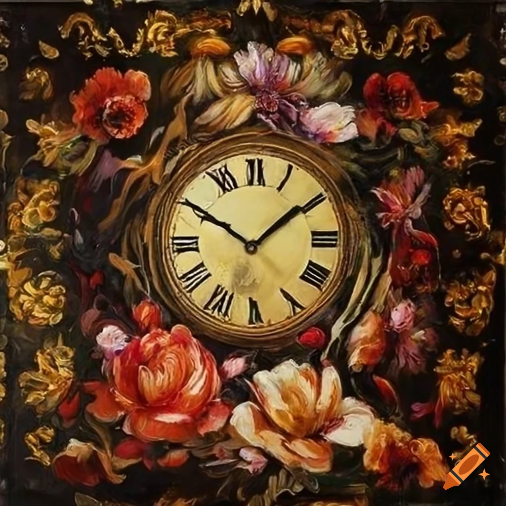 Intricate oil painting of a clock by beautiful blooming flowers on Craiyon
