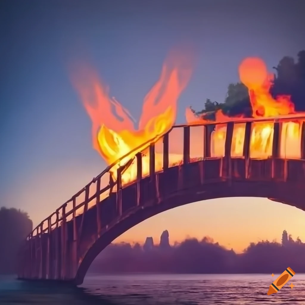 Burning bridge at soft sunset on Craiyon