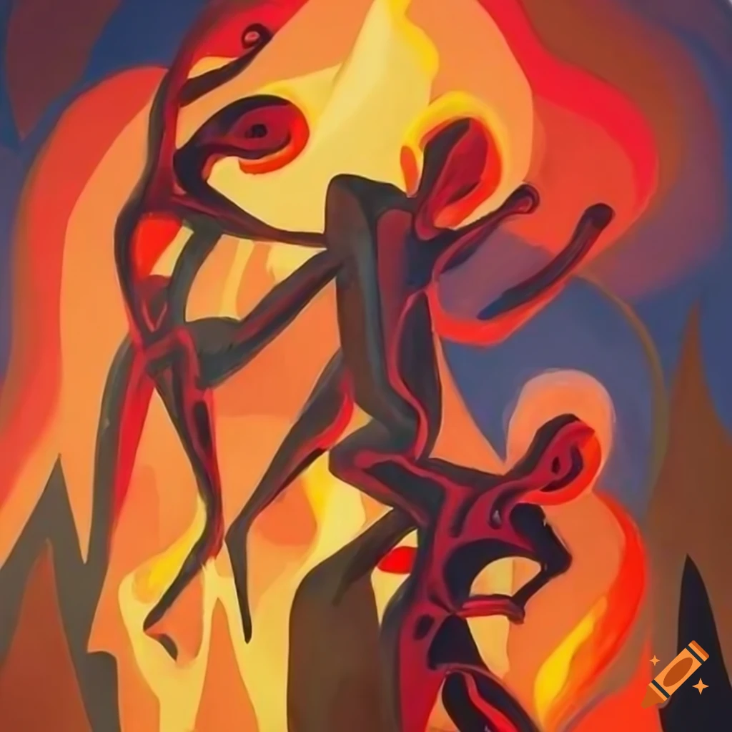 Stylized figures enjoying by the fire in a painting on Craiyon