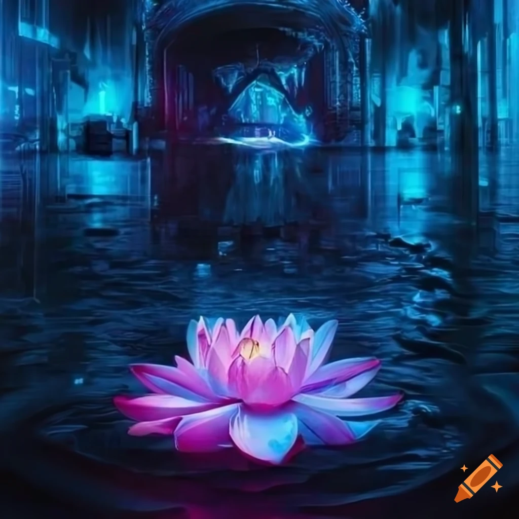 Lotus flower in neon lights in a cyberpunk setting on Craiyon