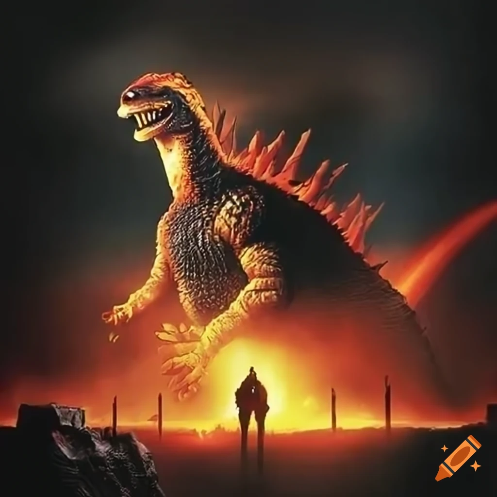 Movie poster for Godzilla's "Destroy All Monsters" reimagining on Craiyon