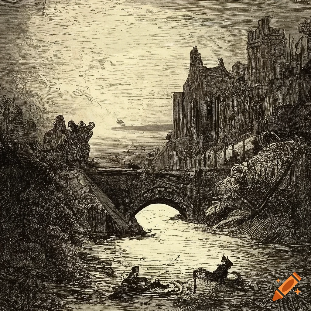 Stone bridge over a river with a rural city in an ink drawing on Craiyon