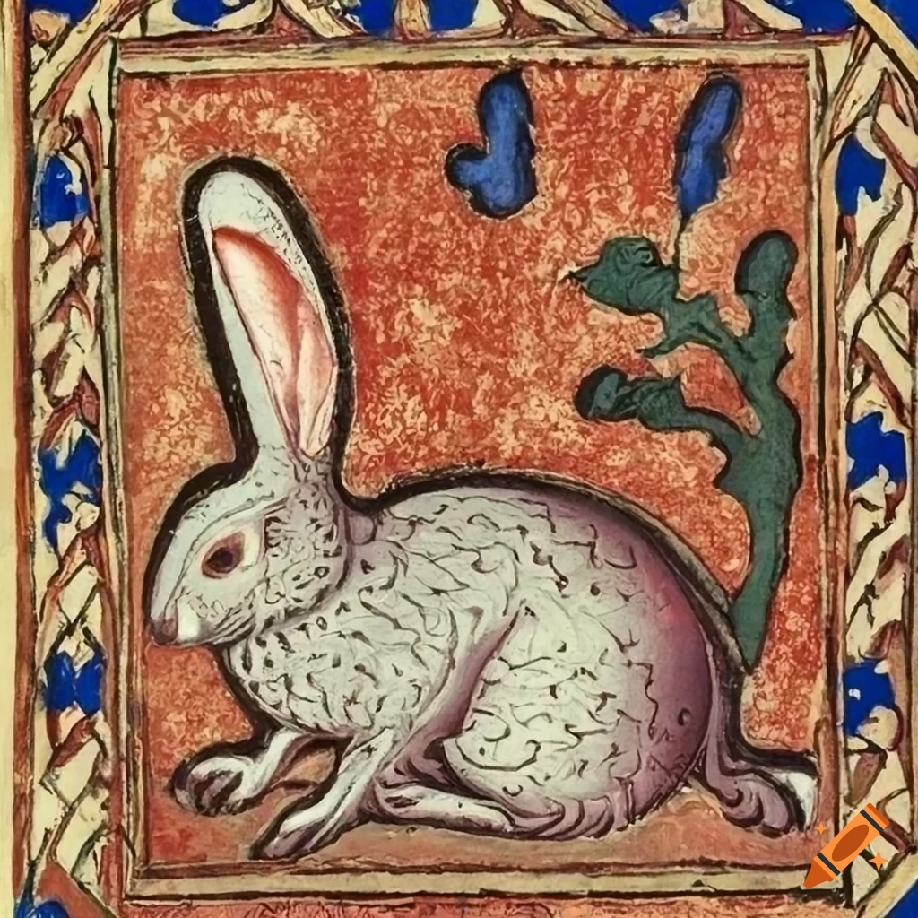Medieval rabbit surrounded by oak branches in enluminure manuscript style on Craiyon