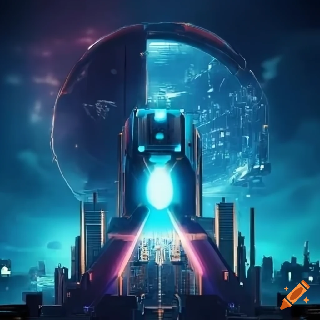 Futuristic city with a god machine and AI sky on Craiyon