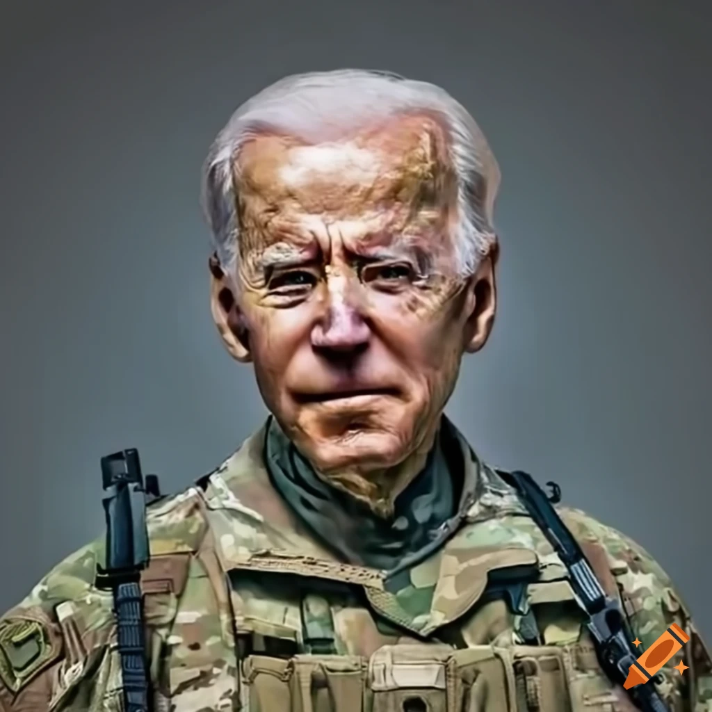 Portrait of President Joe Biden leading troops in military gear on Craiyon