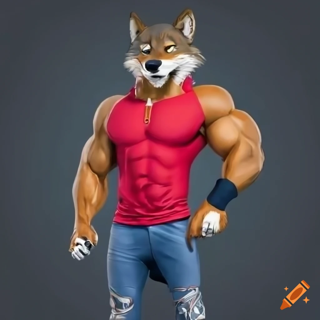 Anthro wolf in a red shirt on Craiyon