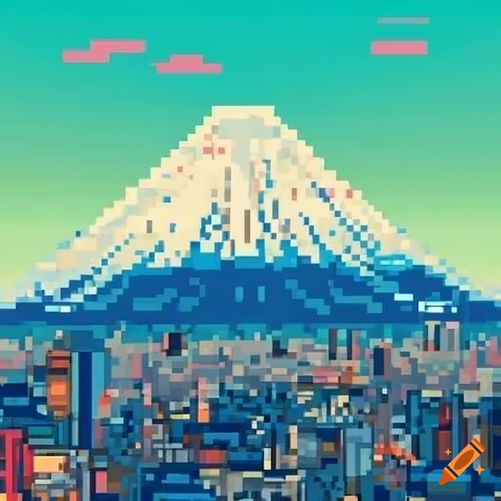 Pixel art of tokyo with mount fuji in the background on Craiyon