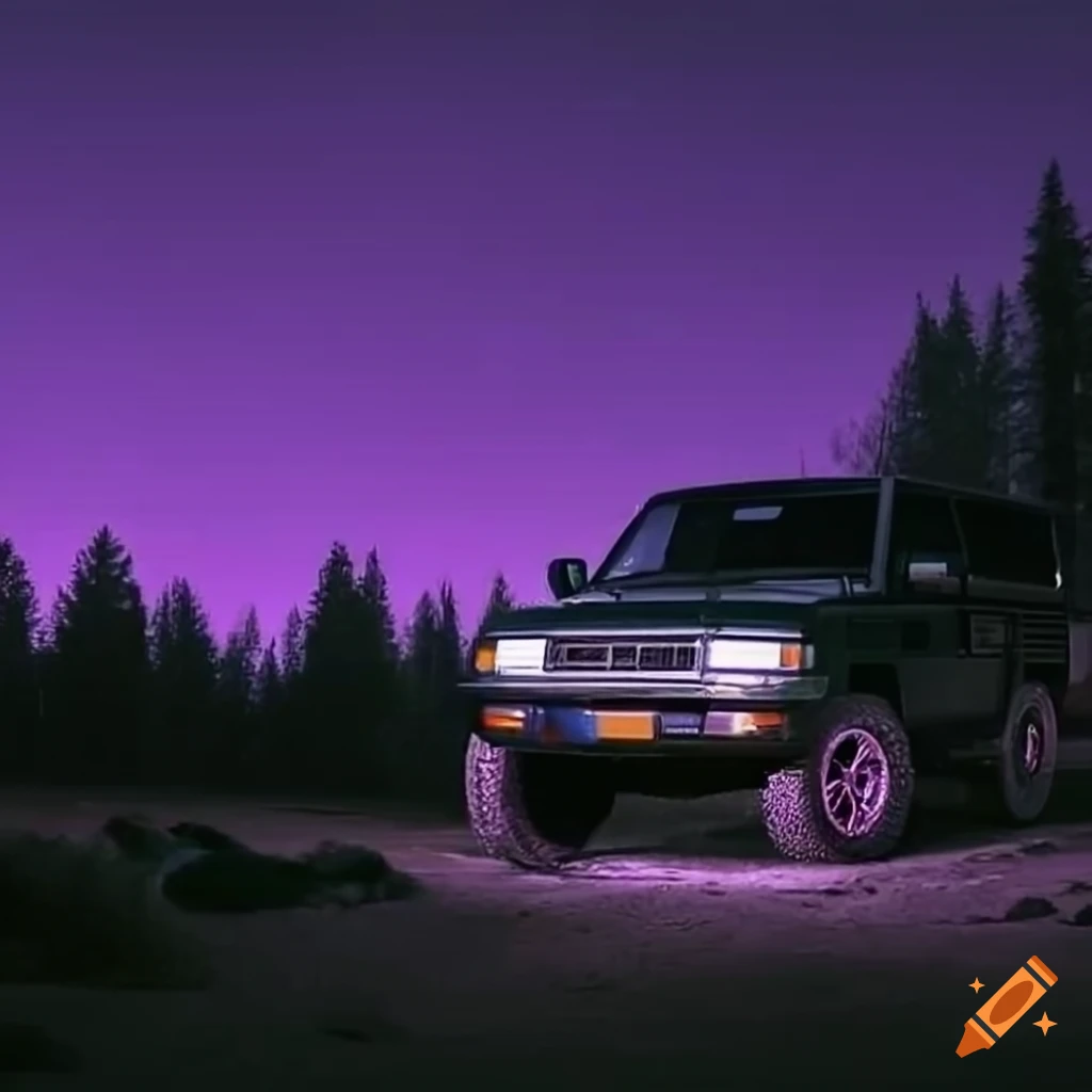 Dark green '98 land cruiser parked in a forest at night with purple ...