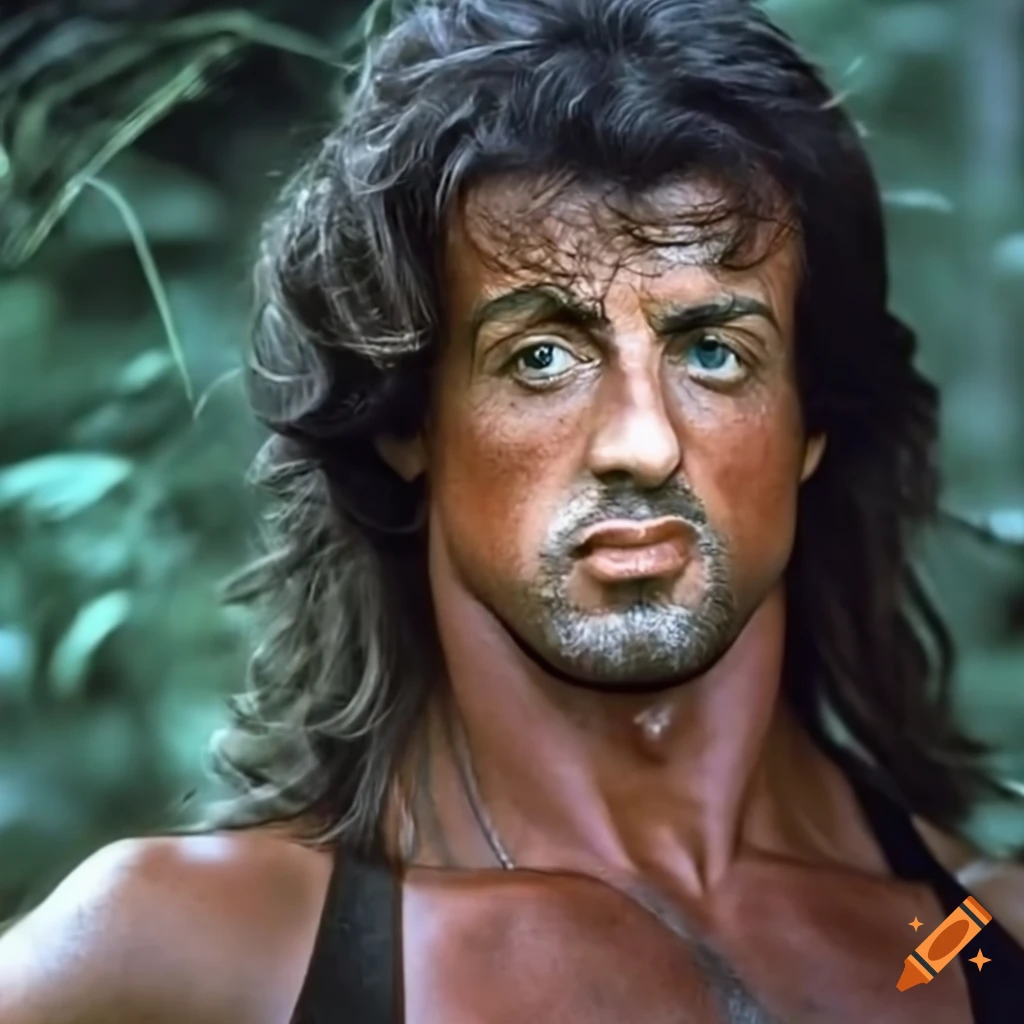 Cinematic image of Sylvester Stallone as John Rambo in the jungle, 1982 on Craiyon