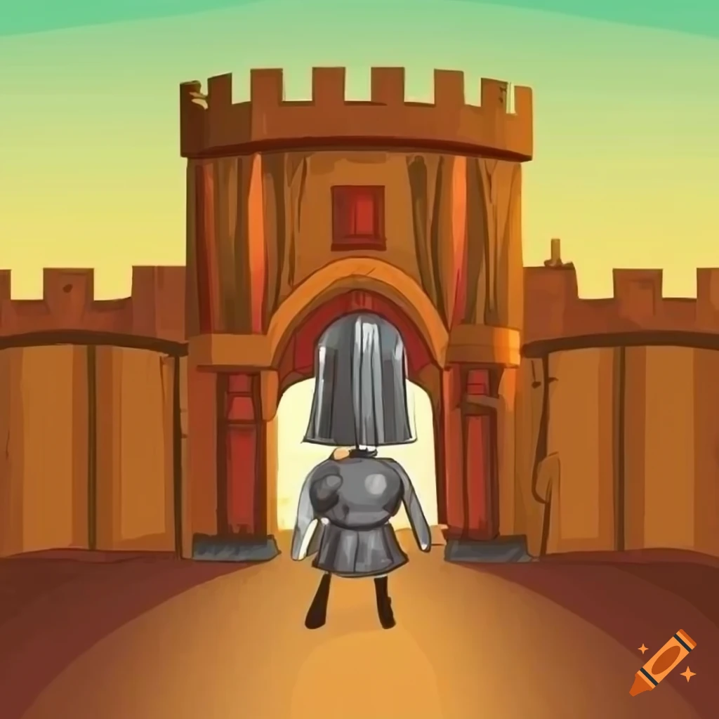 Guard knight standing in front of medieval castle wooden gate in ...