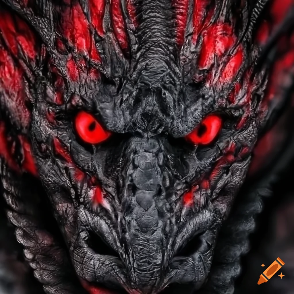 Close-up of a fierce black dragon with red eyes in high definition on ...