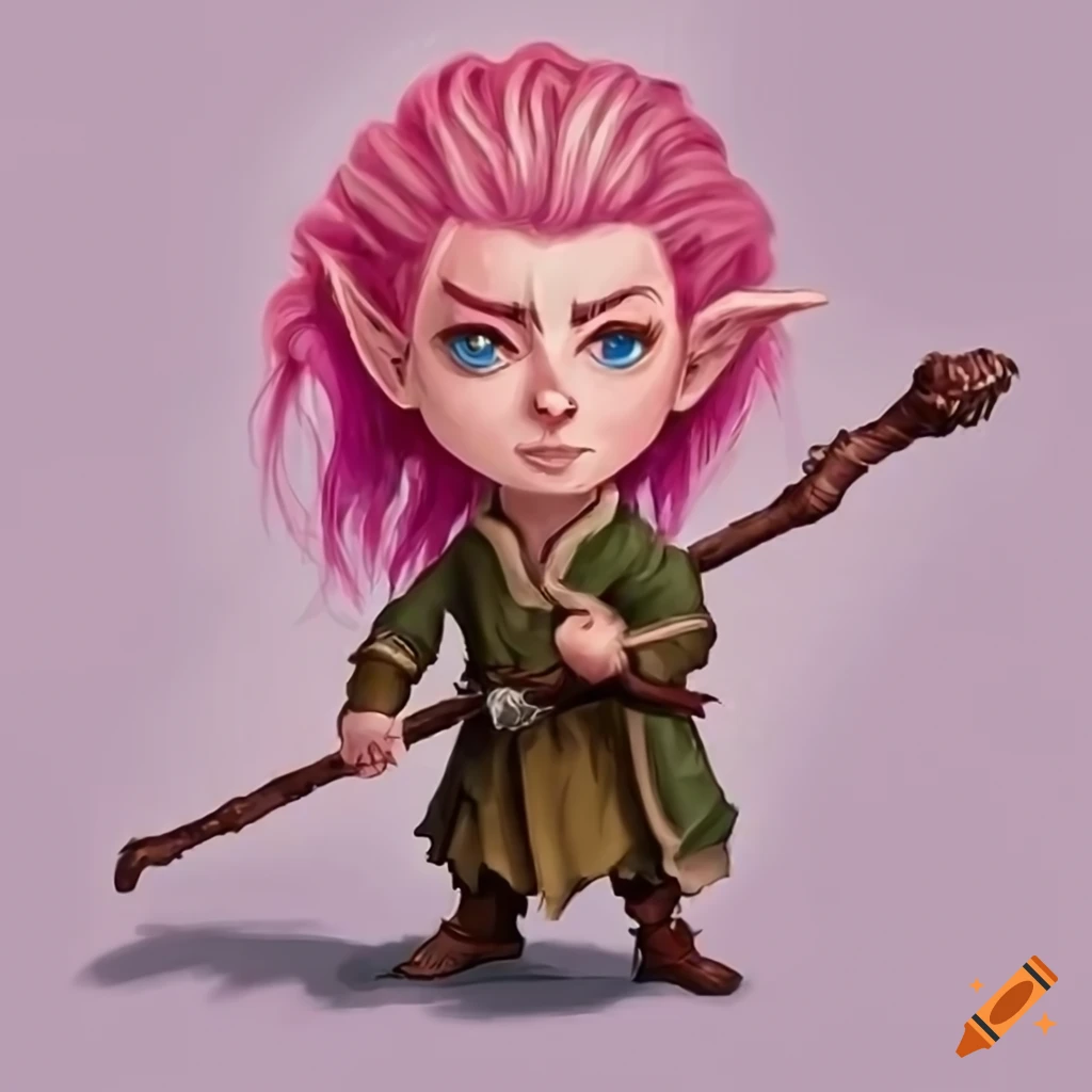 Pink-haired hobbit with a wizard's staff on Craiyon