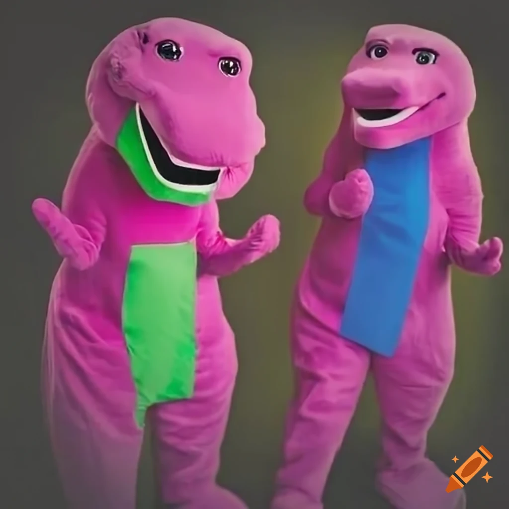 Close-up of nurses in full body barney mascot costume at hospital on ...