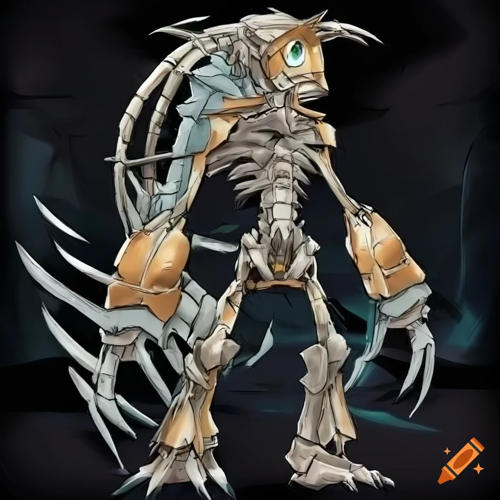 Humanoid character with exposed wires and claw gauntlet in digimon ...