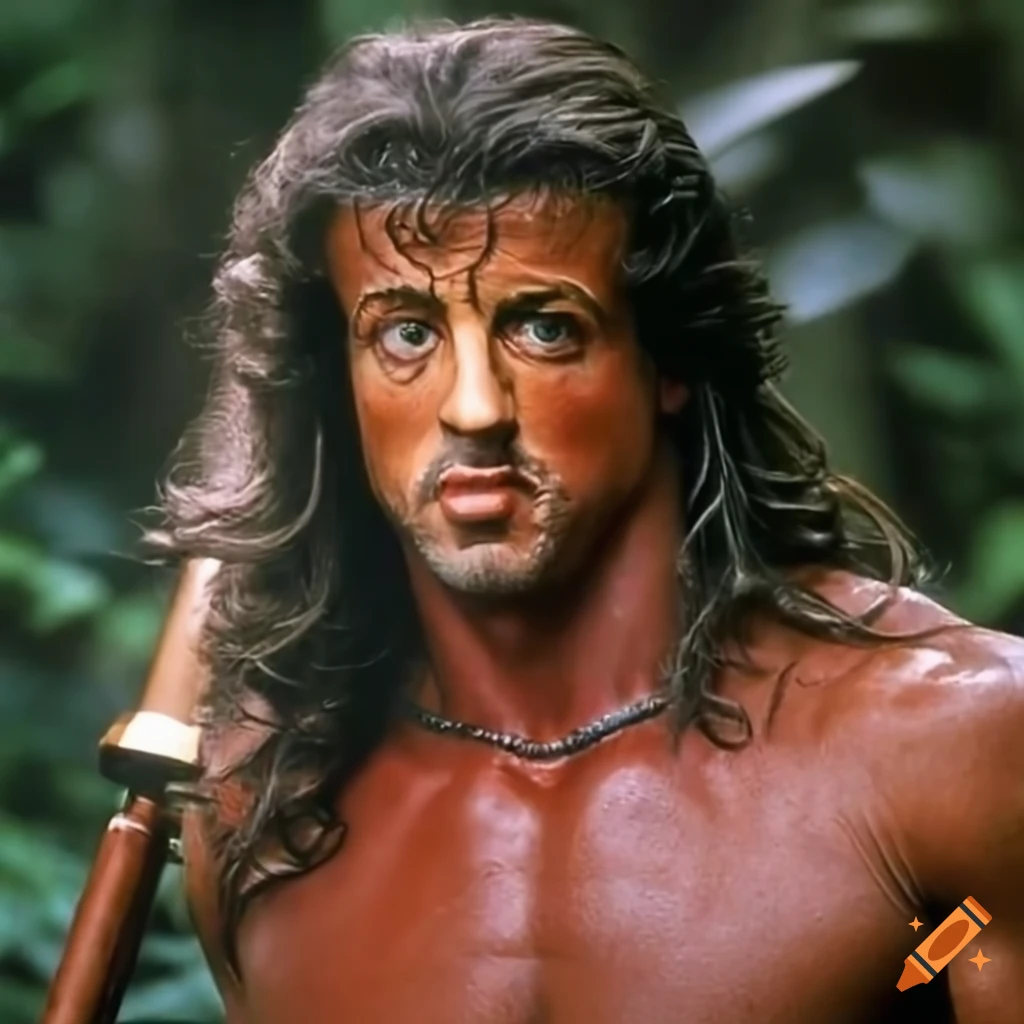 Cinematic portrayal of Sylvester Stallone as long-haired John Rambo in ...